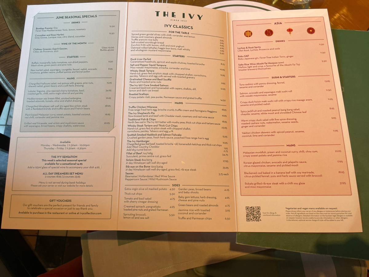 Menu at The Ivy Buchanan Street, Glasgow restaurant, Glasgow, 106 ...