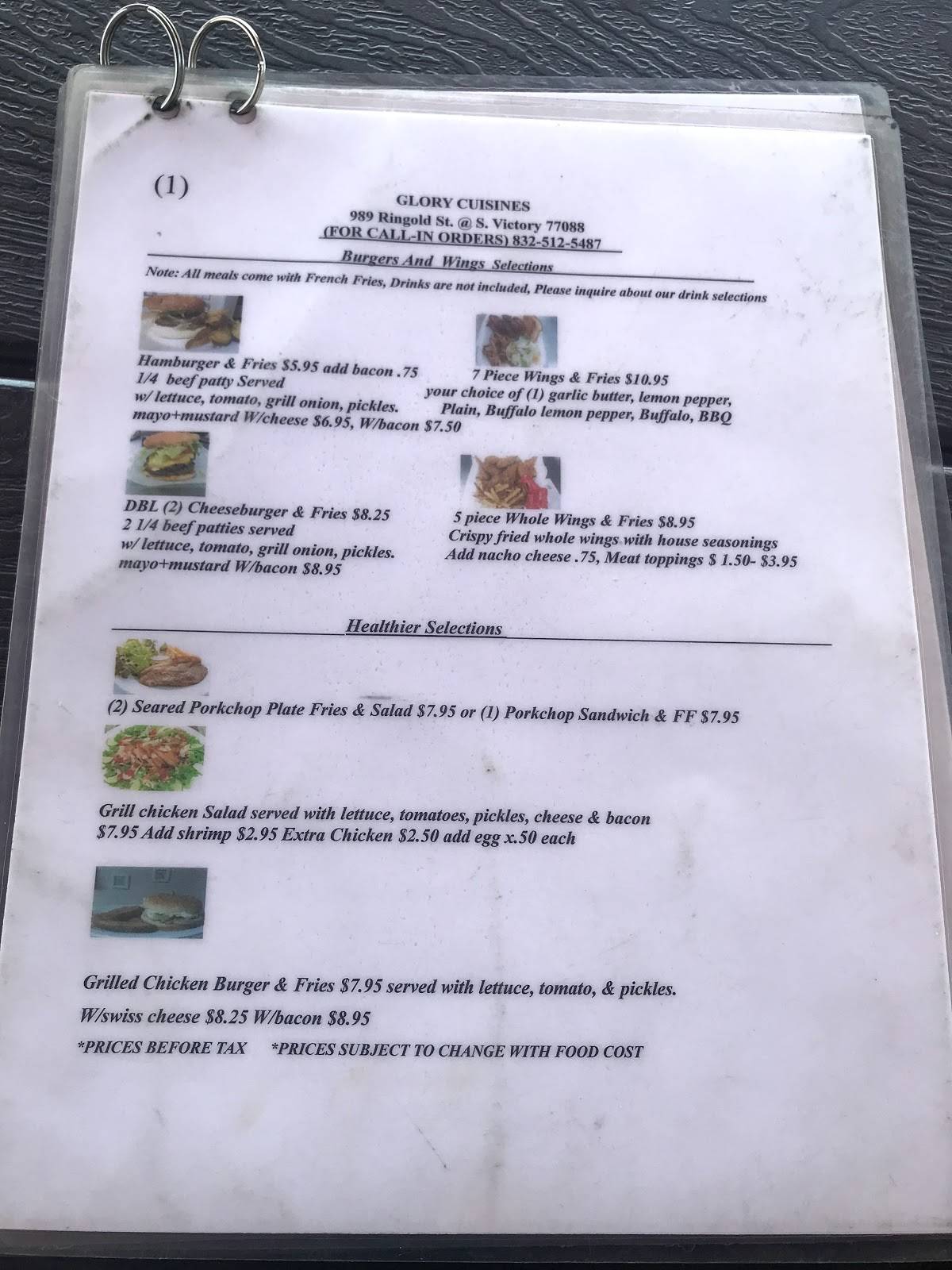 Menu at Glory Cuisines restaurant, Houston