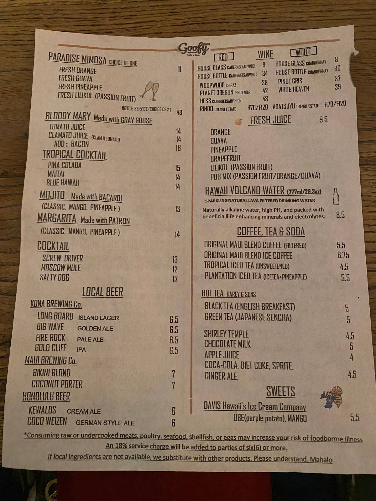 Menu at Goofy Cafe & Dine, Honolulu