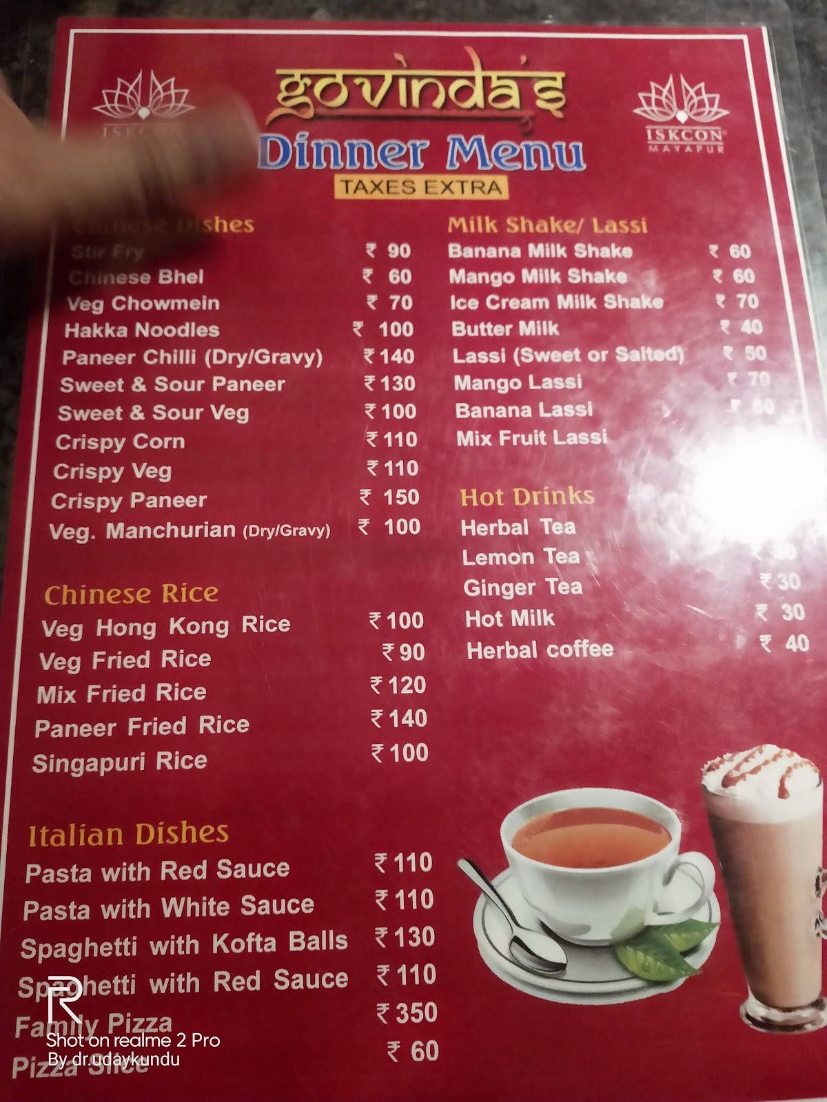 Menu at Govinda's, Mayapur, C9FR+G57