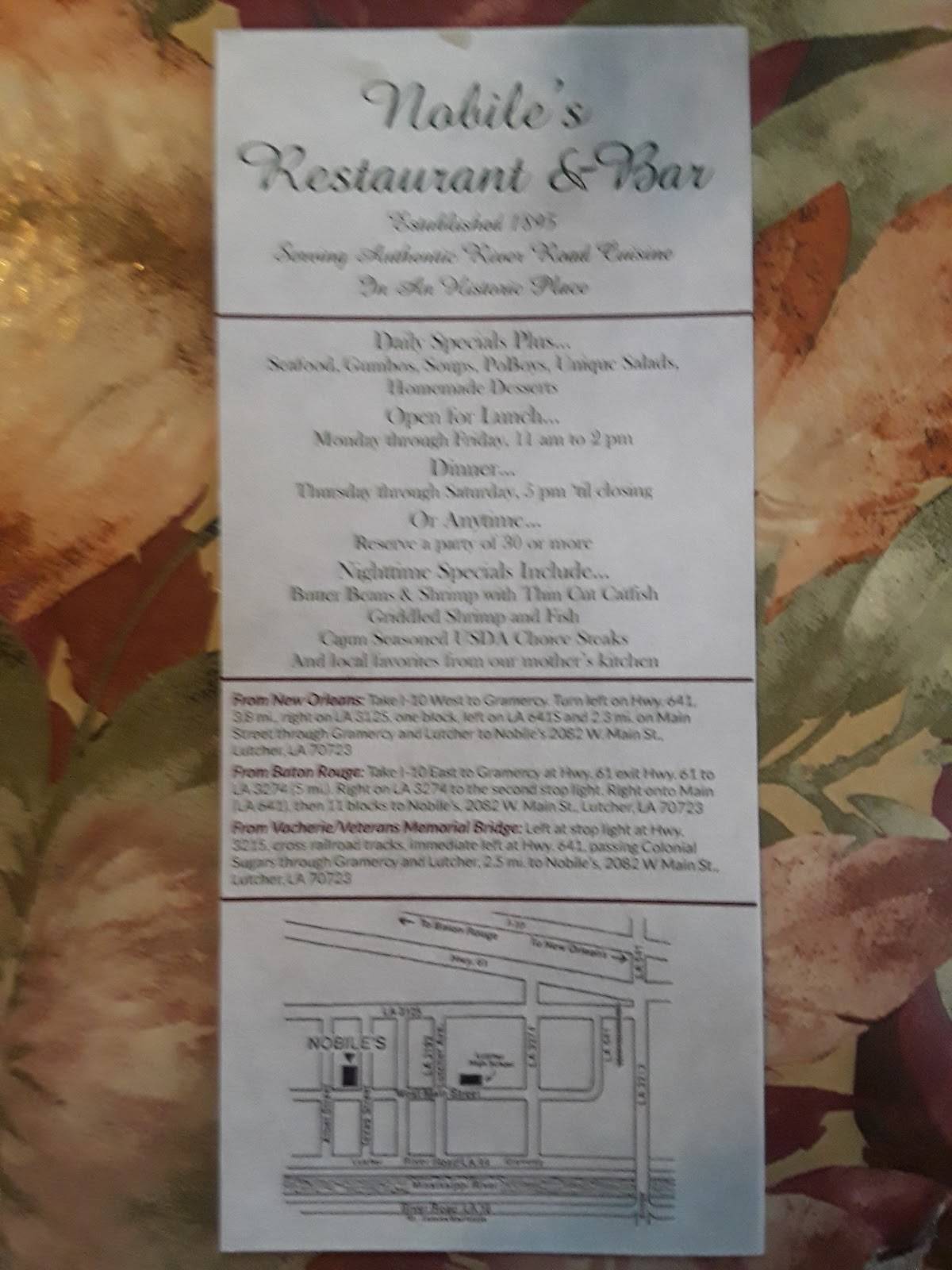 Menu at Nobile's Restaurant & Bar, Lutcher