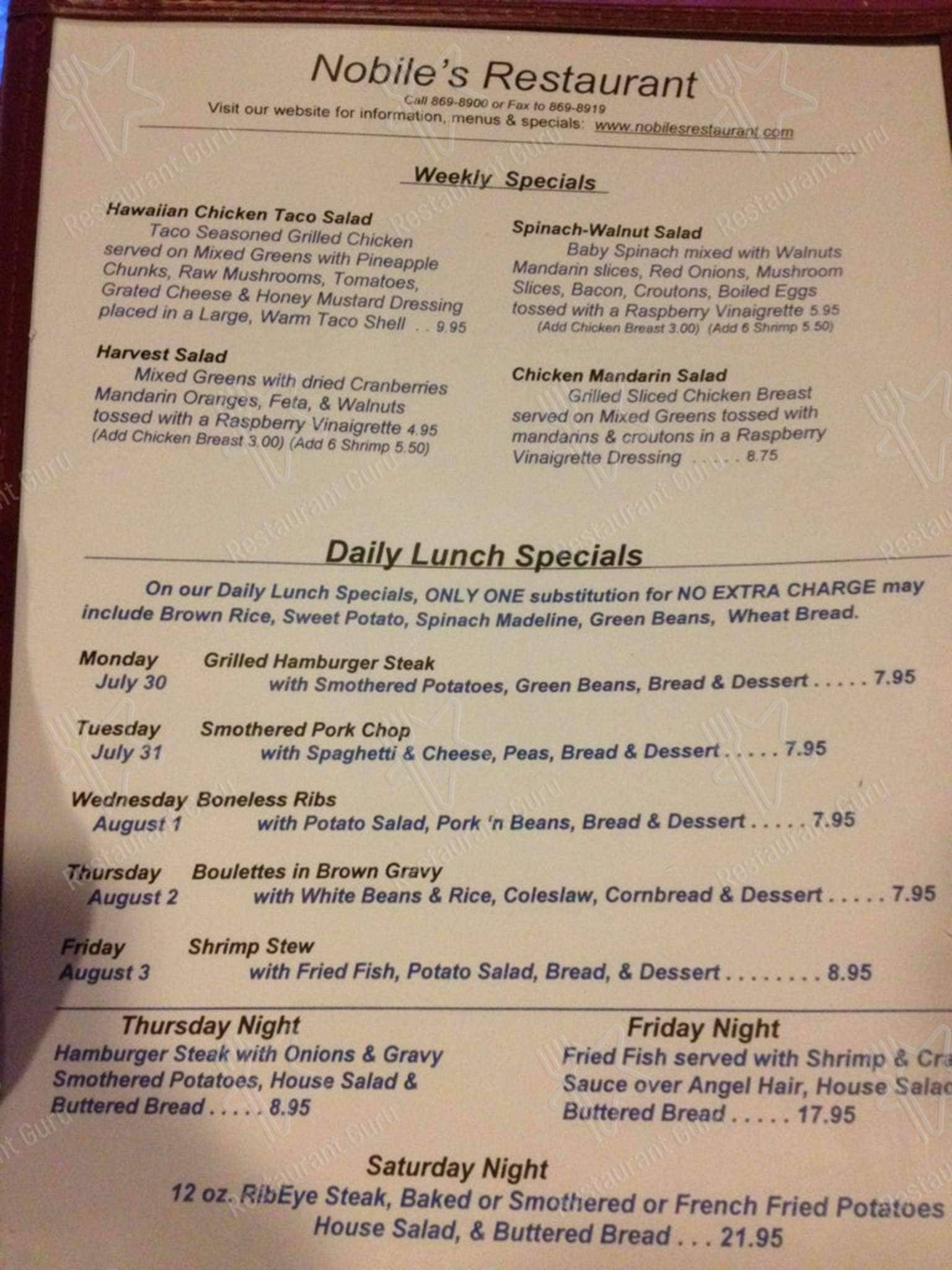 Menu at Nobile's Restaurant & Bar, Lutcher
