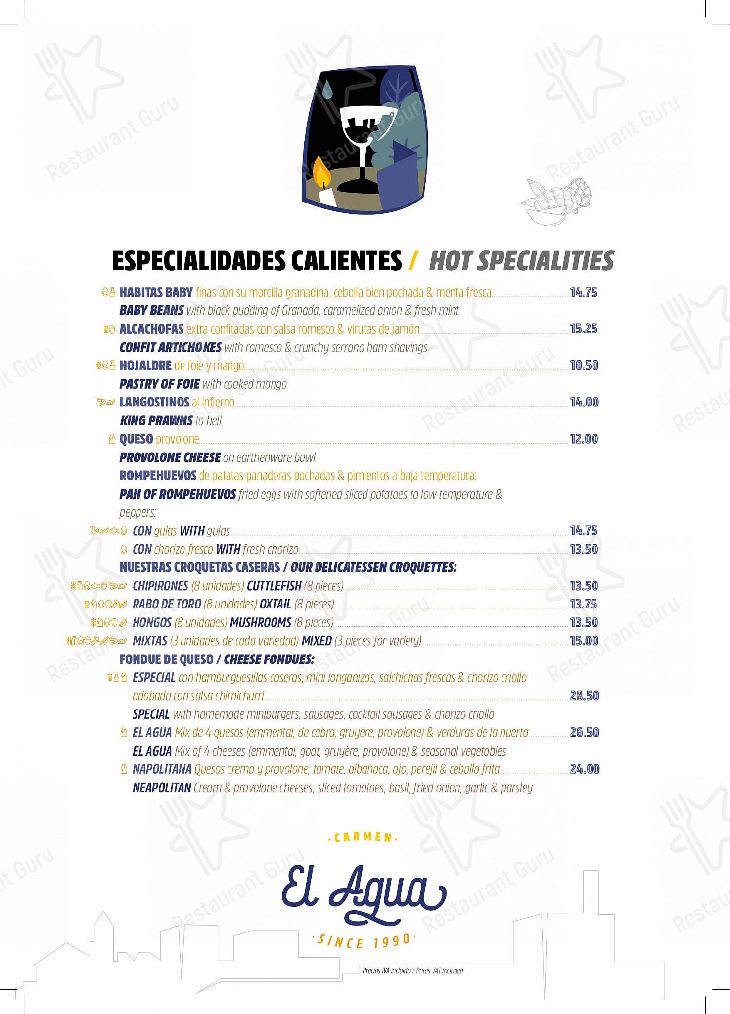 Carta de Restaurante El Agua, Granada, Placeta del Aljibe de Trillo