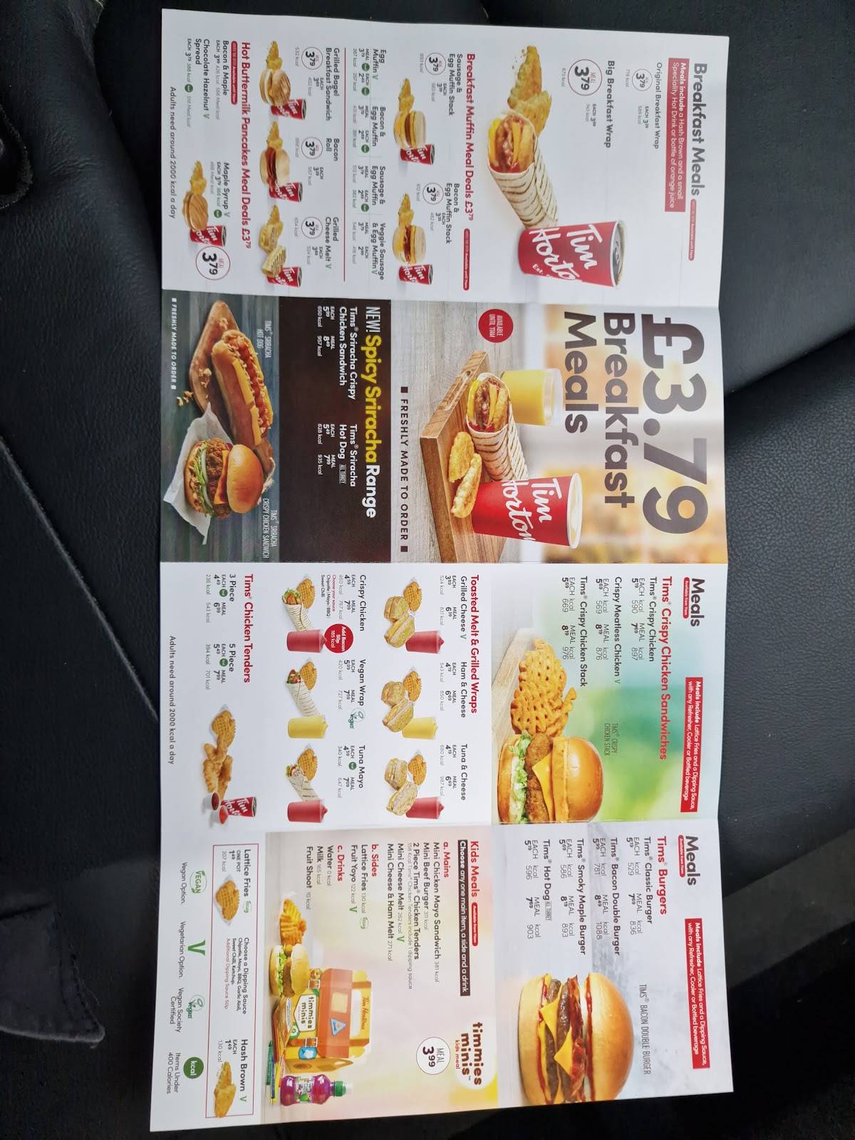Menu at Tim Hortons restaurant, Gravesend