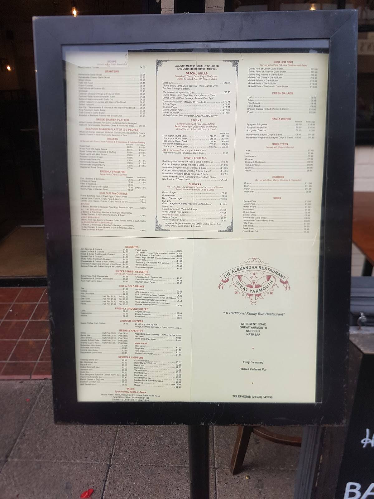 Menu at Alexandra Restaurant, Great Yarmouth