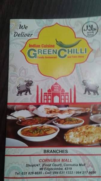 Menu at Green Chilli restaurant, Mount Edgecombe