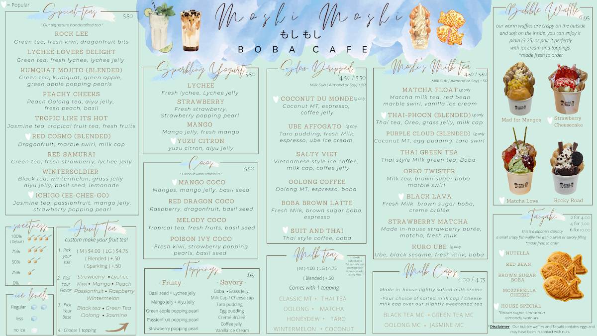 Menu at Moshi Moshi Boba Cafe, Greensboro