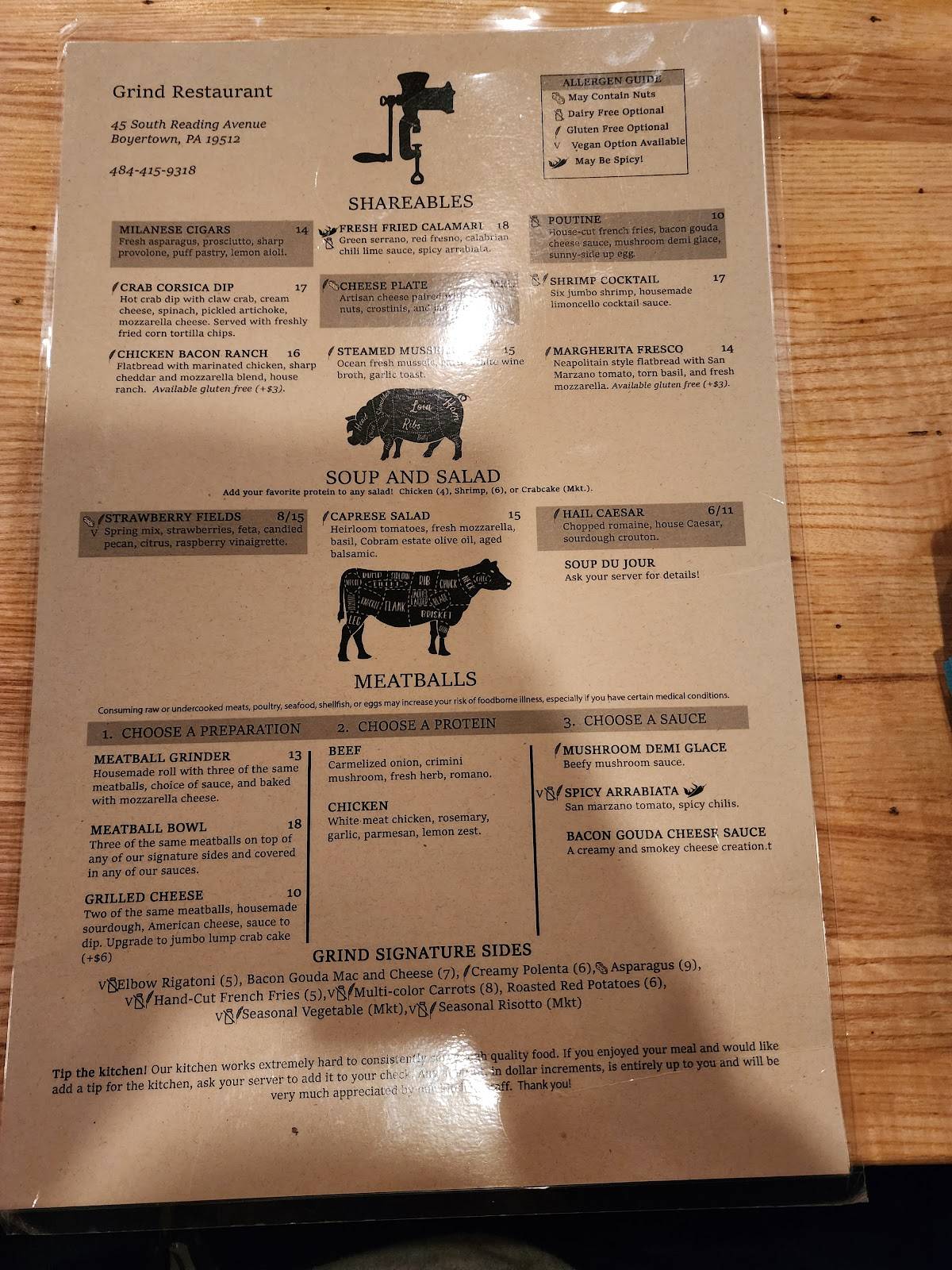 Menu at Grind pub & bar, Boyertown