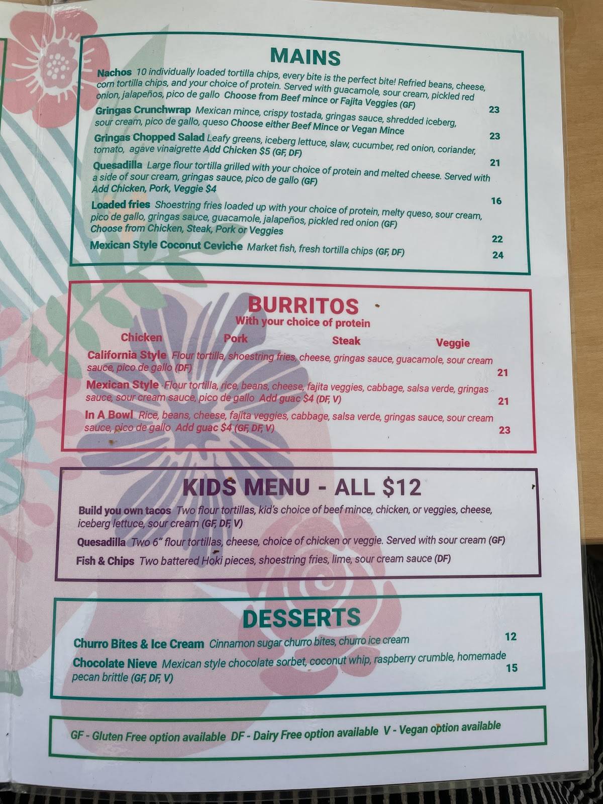 Menu at Gringas restaurant, Mangawhai
