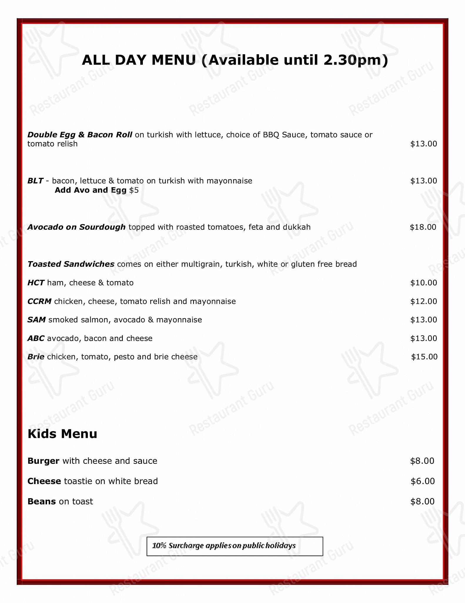 Menu at Grumpy & Sweetheart's cafe, Mogo