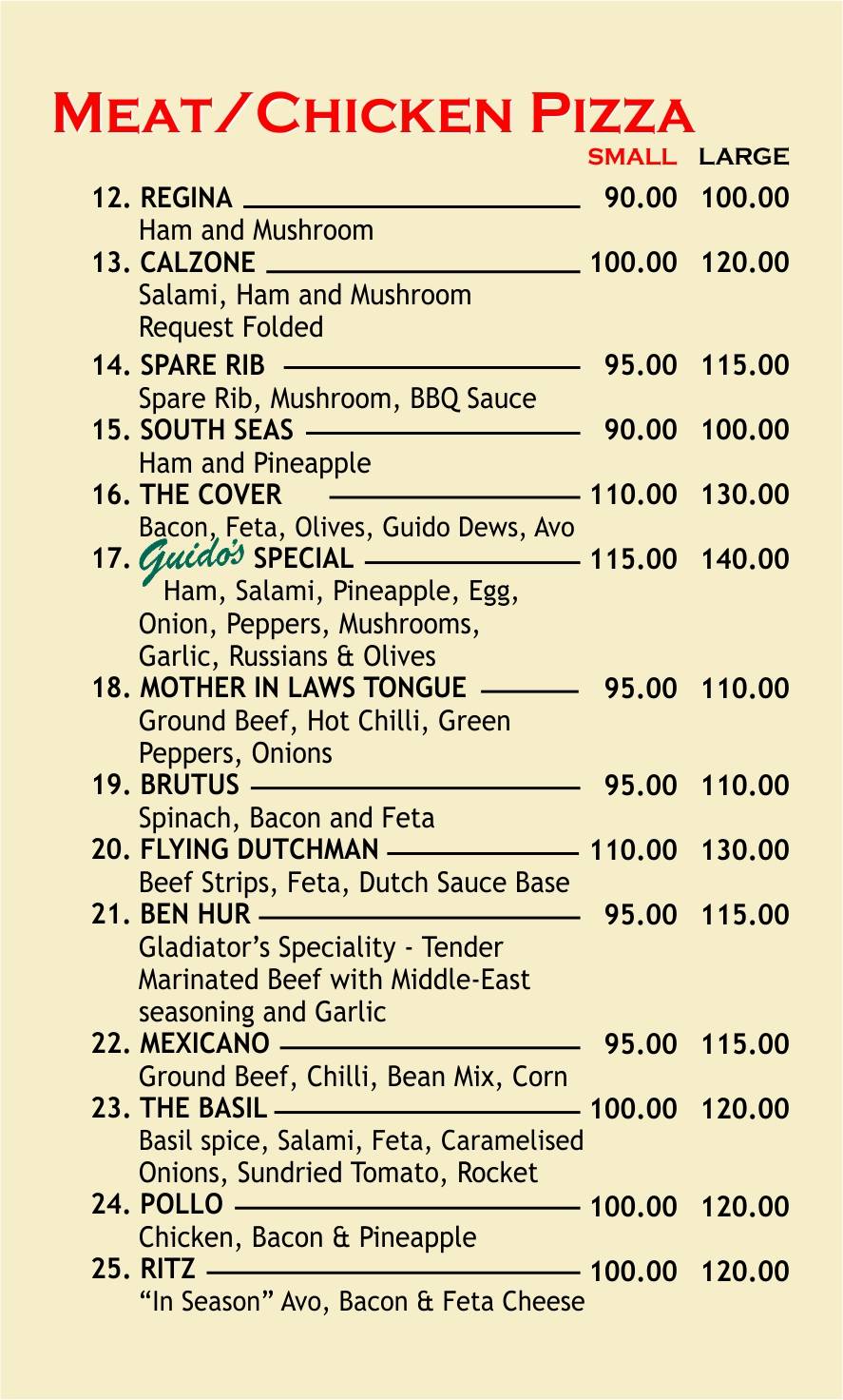 Menu at Guido's restaurant, East London, Gonubie Mall
