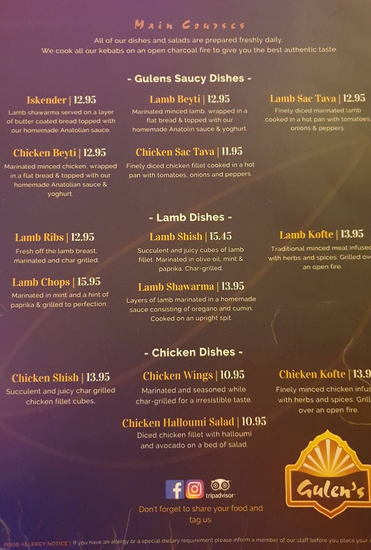 Menu at Gulens welling fast food, Welling