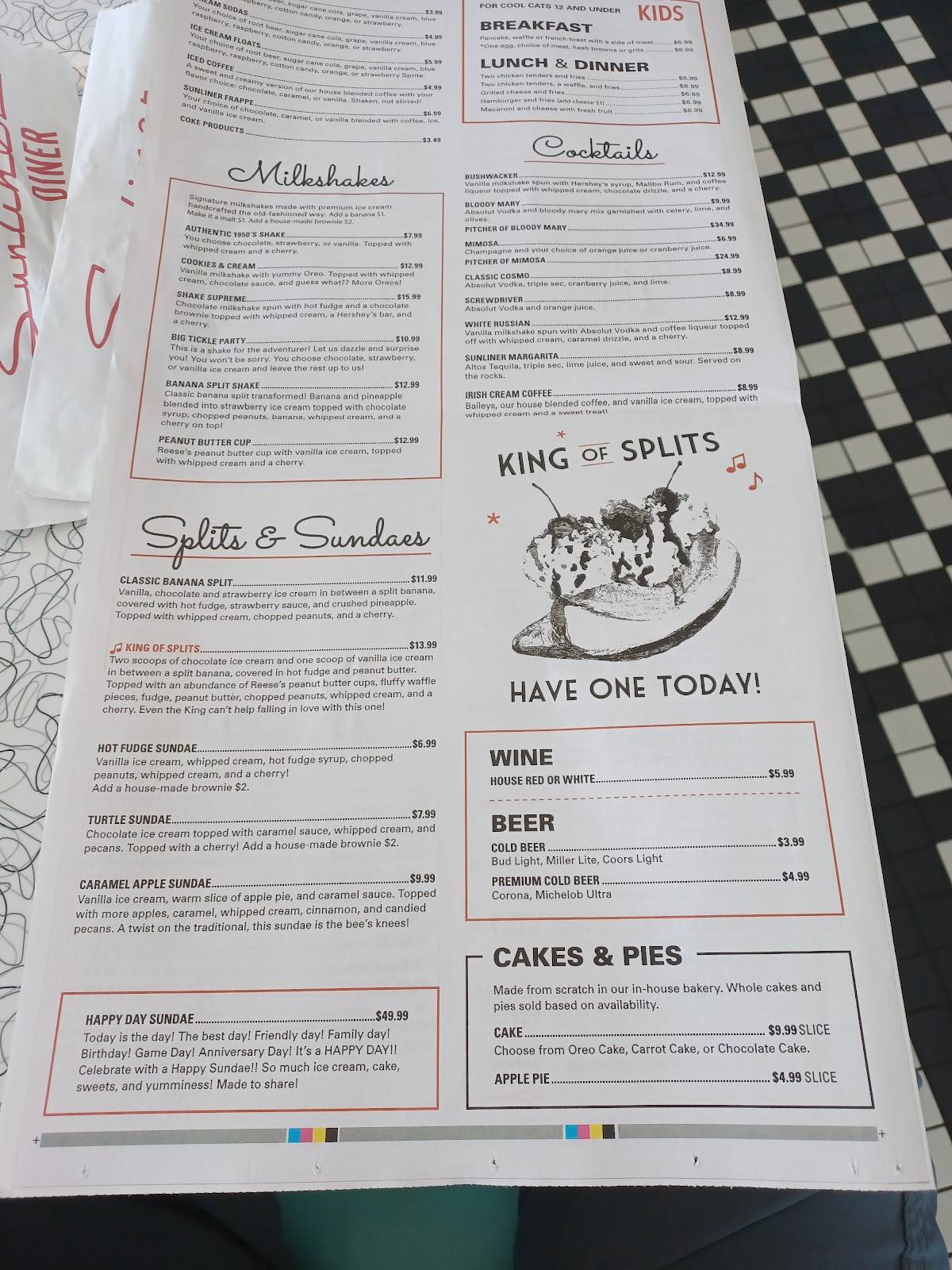Menu at Sunliner Diner restaurant, Gulf Shores