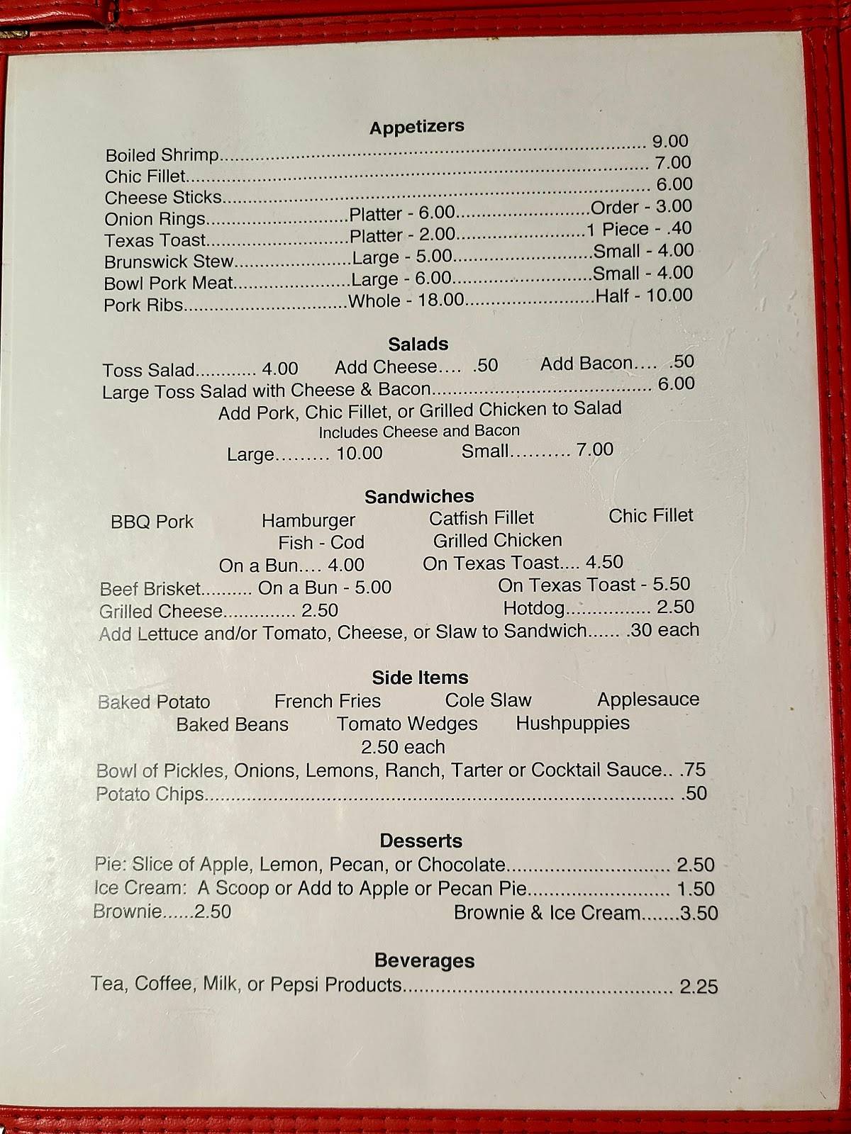 Menu at Gumlog Bar B Que & Fish Lodge, Lavonia