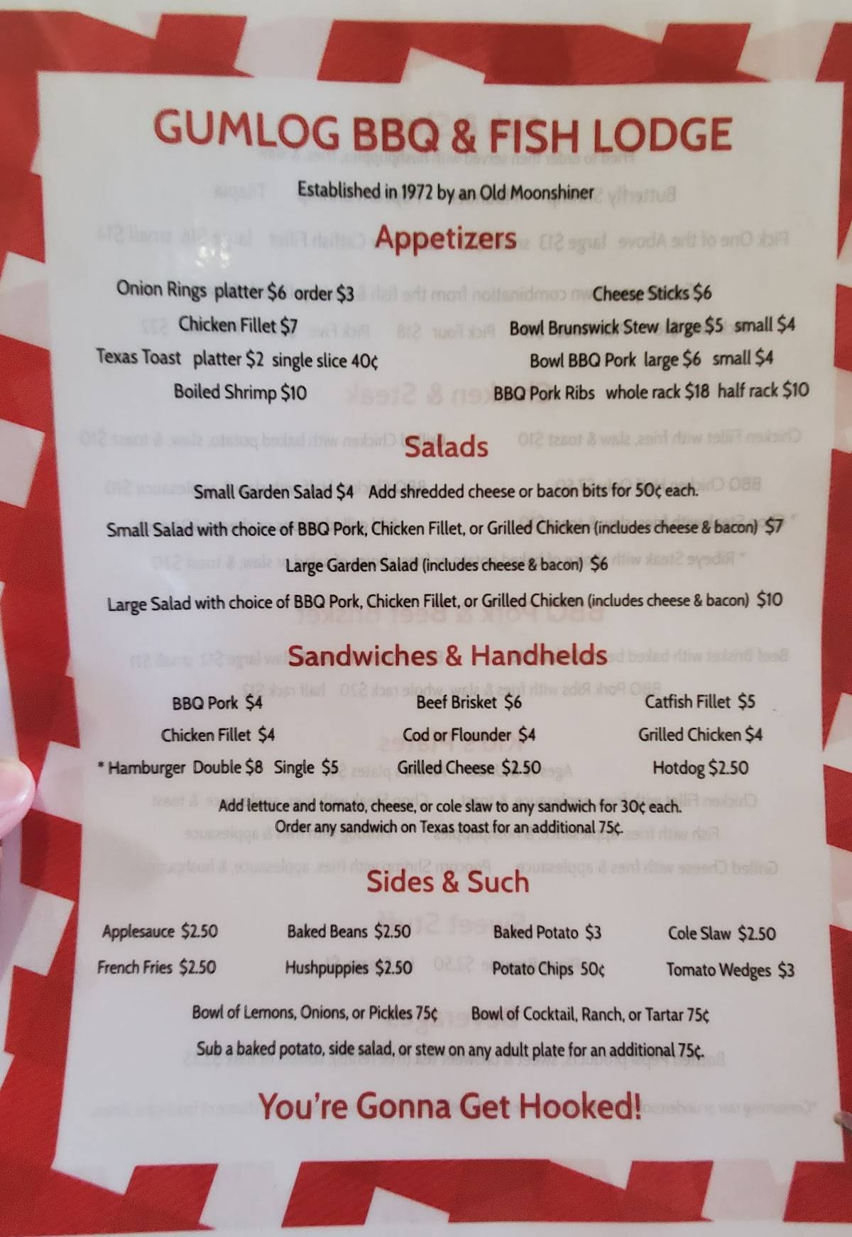 Menu at Gumlog Bar B Que & Fish Lodge, Lavonia