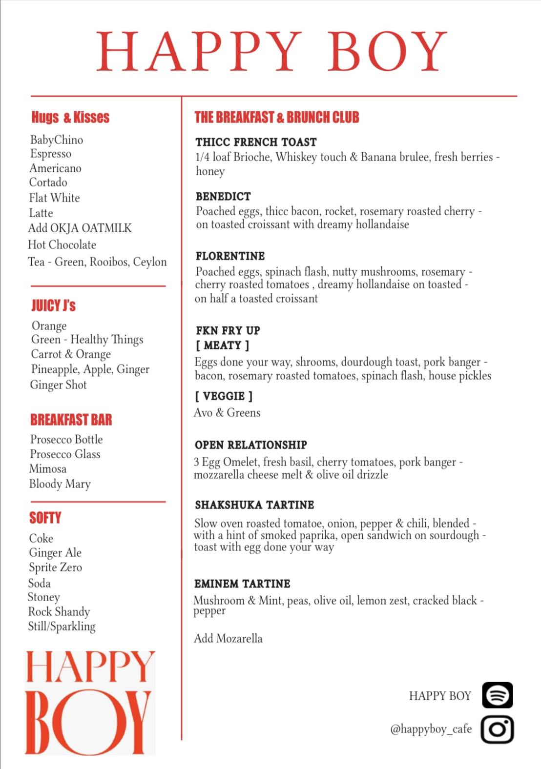 Menu au HAPPY BOY café, Le Cap