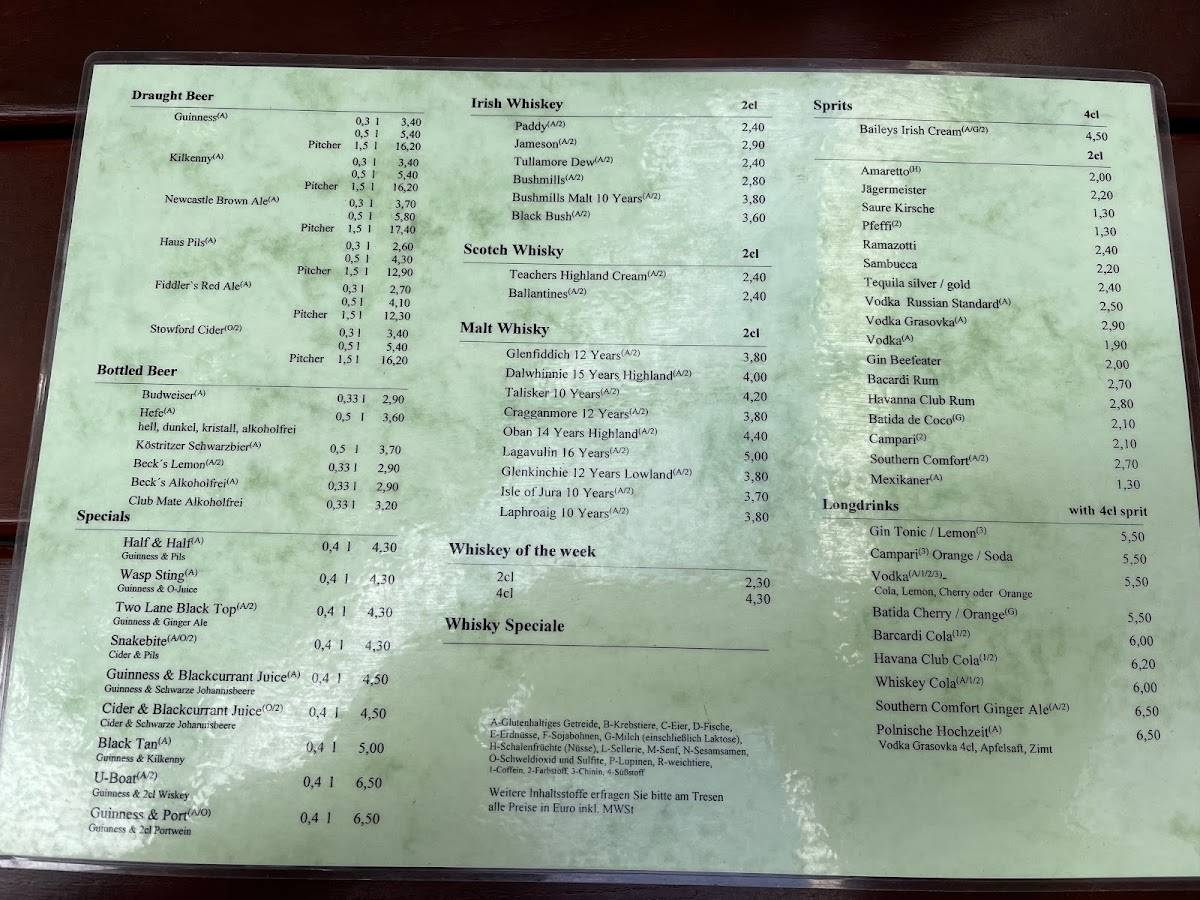 Speisekarte von The Irish Fiddler - Traditional Irish Pub - Halle ...