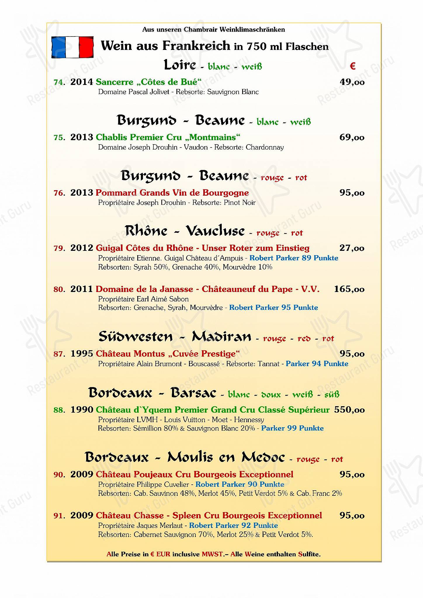 Menu at Old Commercial Room restaurant, Hamburg