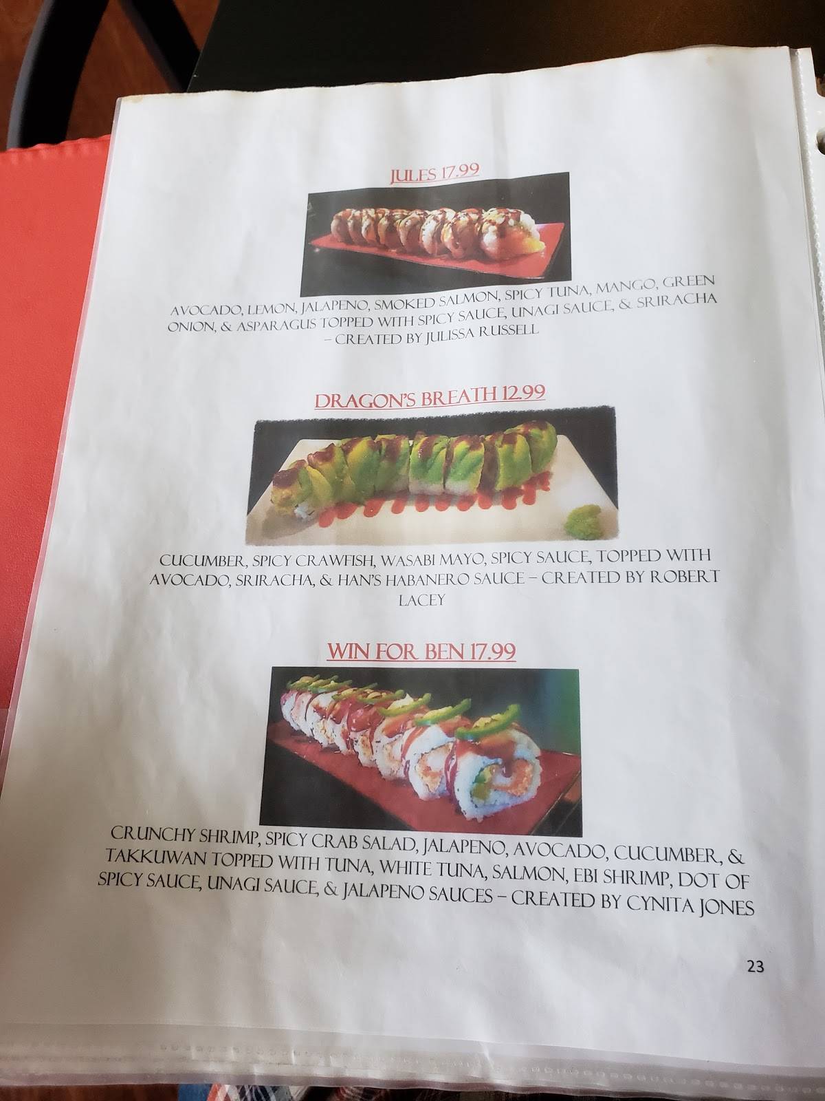 Menu at Han the Sushi Man restaurant, Joplin