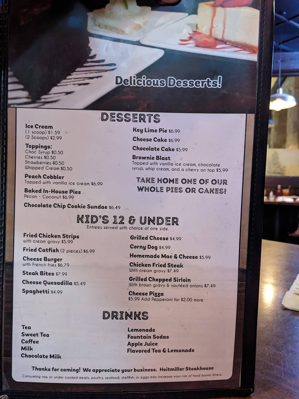 Menu at Heitmiller Steakhouse, Lacy Lakeview, I 35 N Frontage Rd