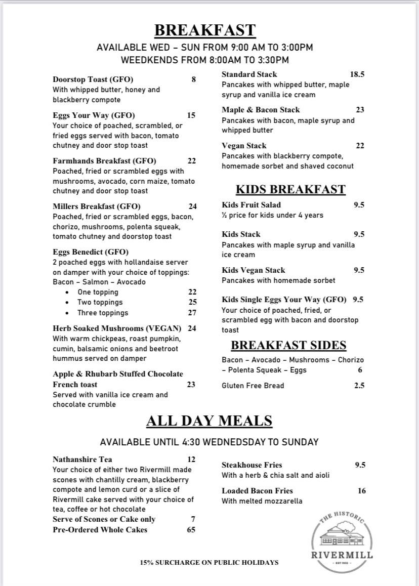 Menu at Historic Rivermill cafe, Mount Nathan, 950 Beaudesert Nerang Rd