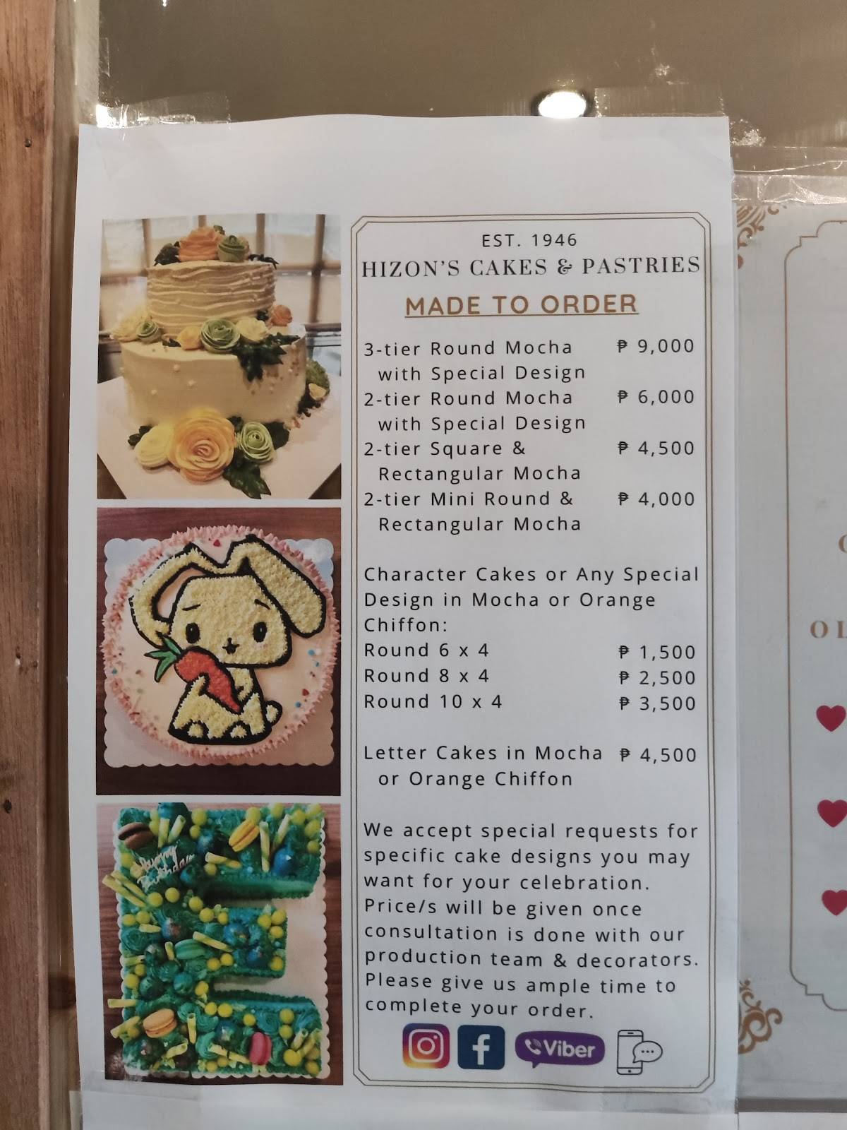 Menu at Hizon's Cakes and Pastries cafe, Manila, J Bocobo
