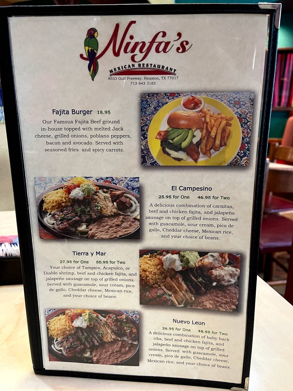 Menu at Ninfa's restaurant, Houston, Gulf Fwy