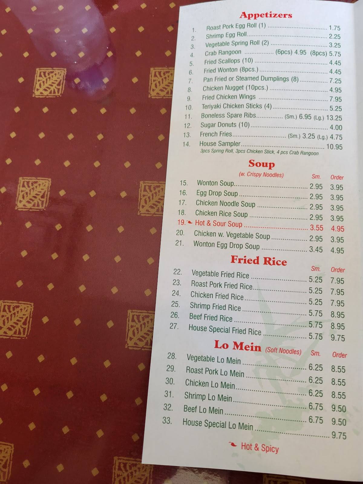 Menu at Hunan King restaurant, Tiffin