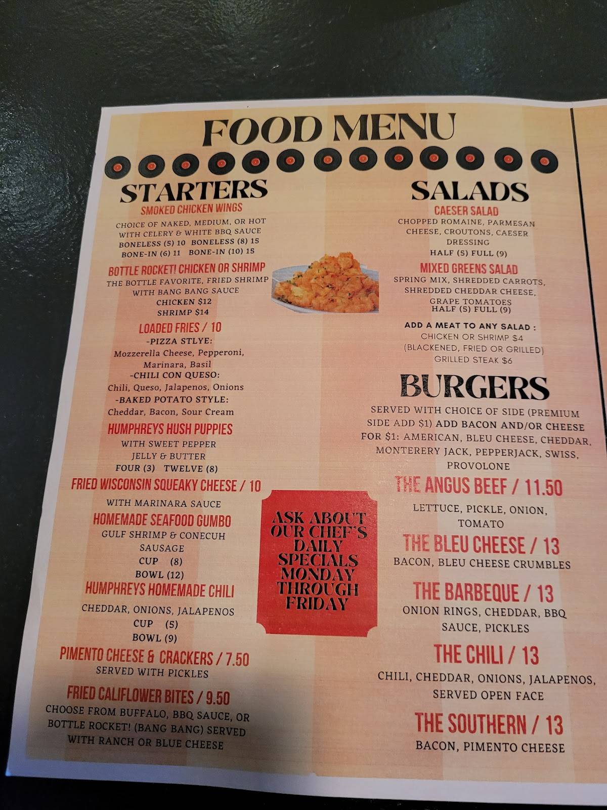 Menu at Humphrey's Bar and Grill, Huntsville