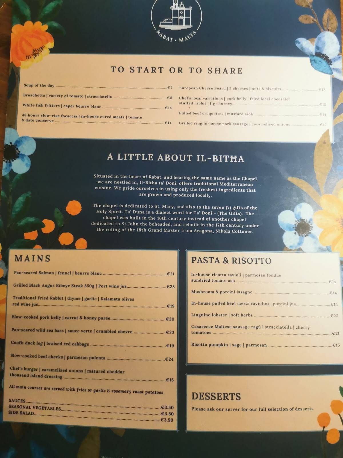 Menu at Il-Bitha restaurant, Rabat