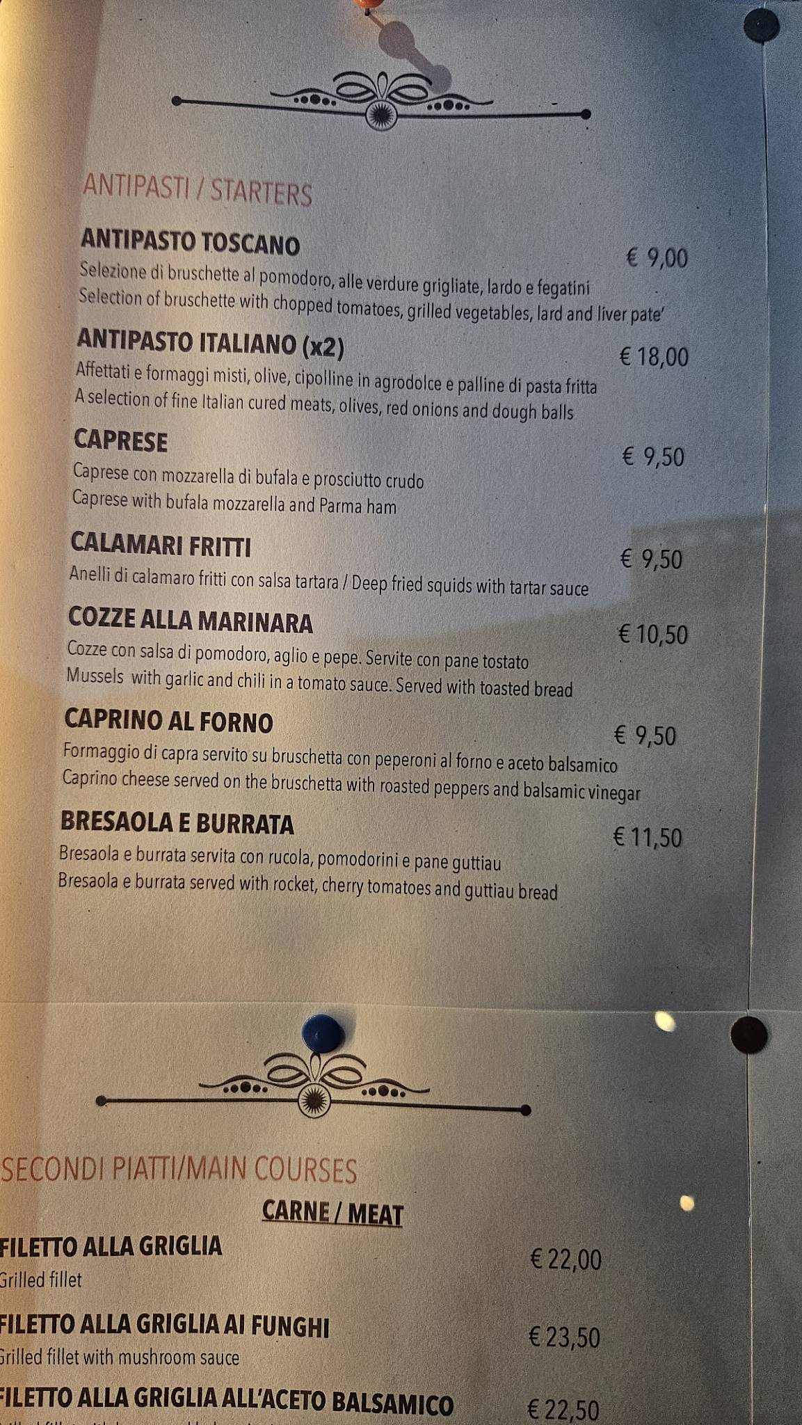 Menu at Il Peperoncino restaurant, Pisa