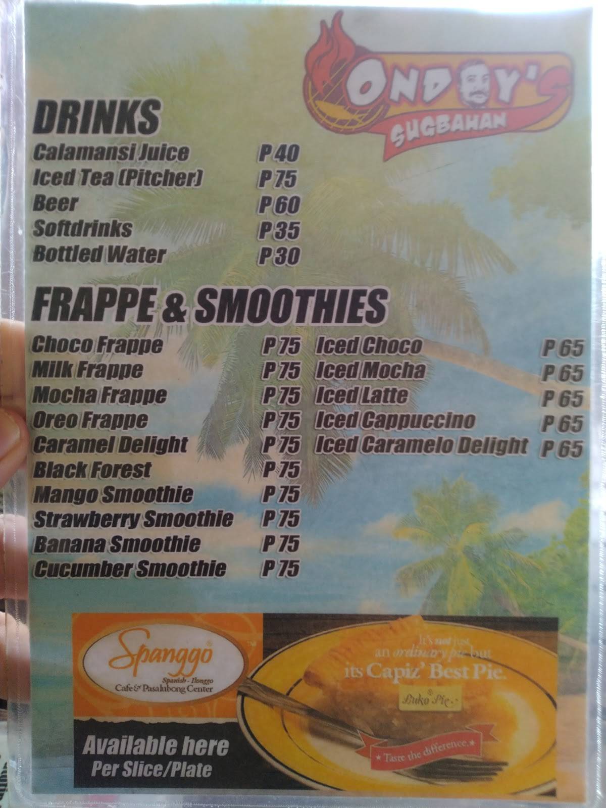 Menu at Ondoy's Sugbahan restaurant, Iloilo City, QH5V+QF4