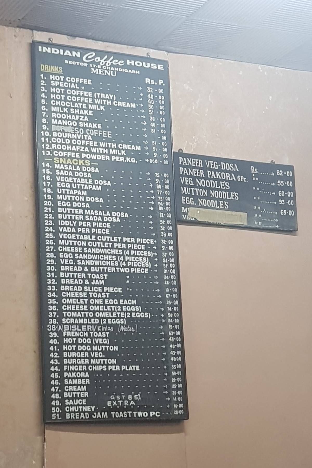 Menu at Indian Coffee House, Chandigarh, SCO 12