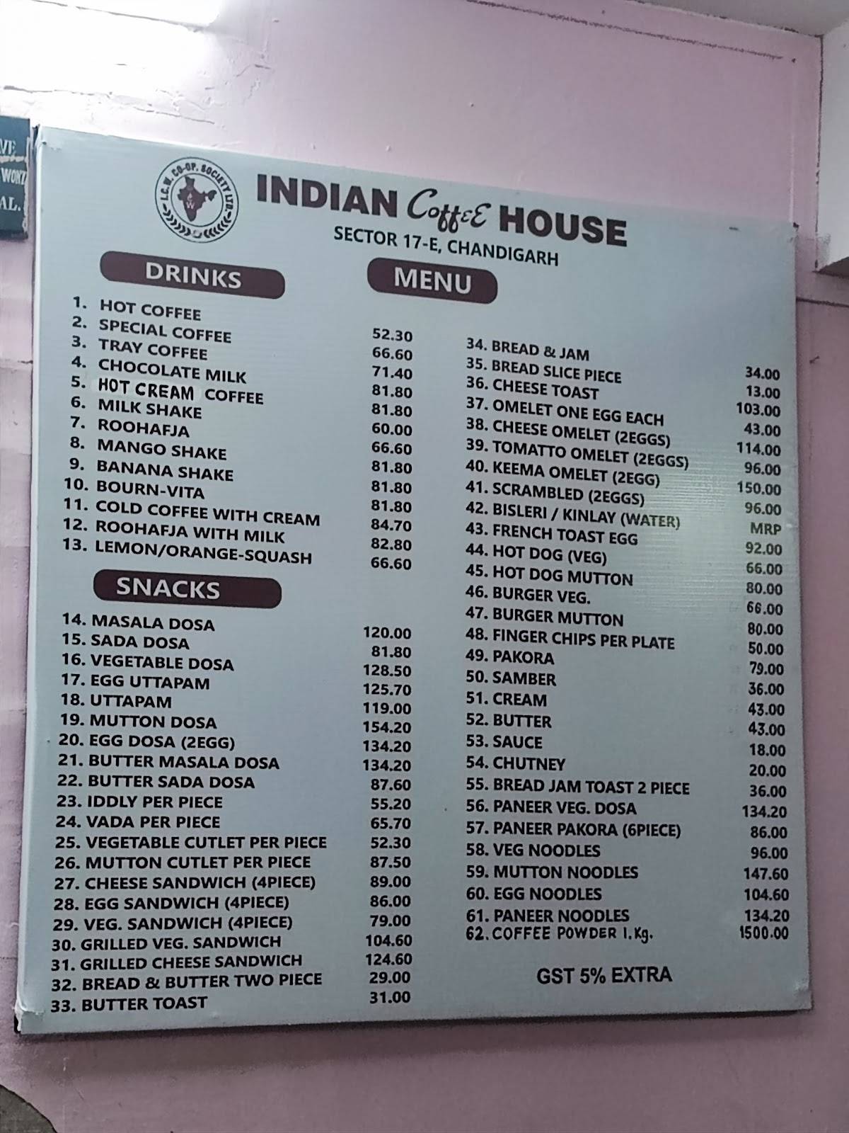 Menu at Indian Coffee House, Chandigarh, SCO 12