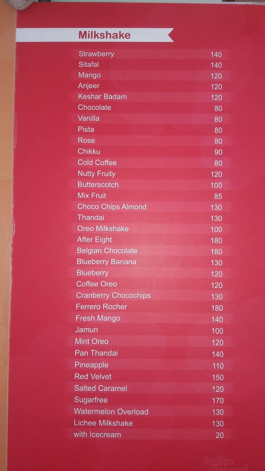 Menu at Indian natural ice cream, Ahmednagar