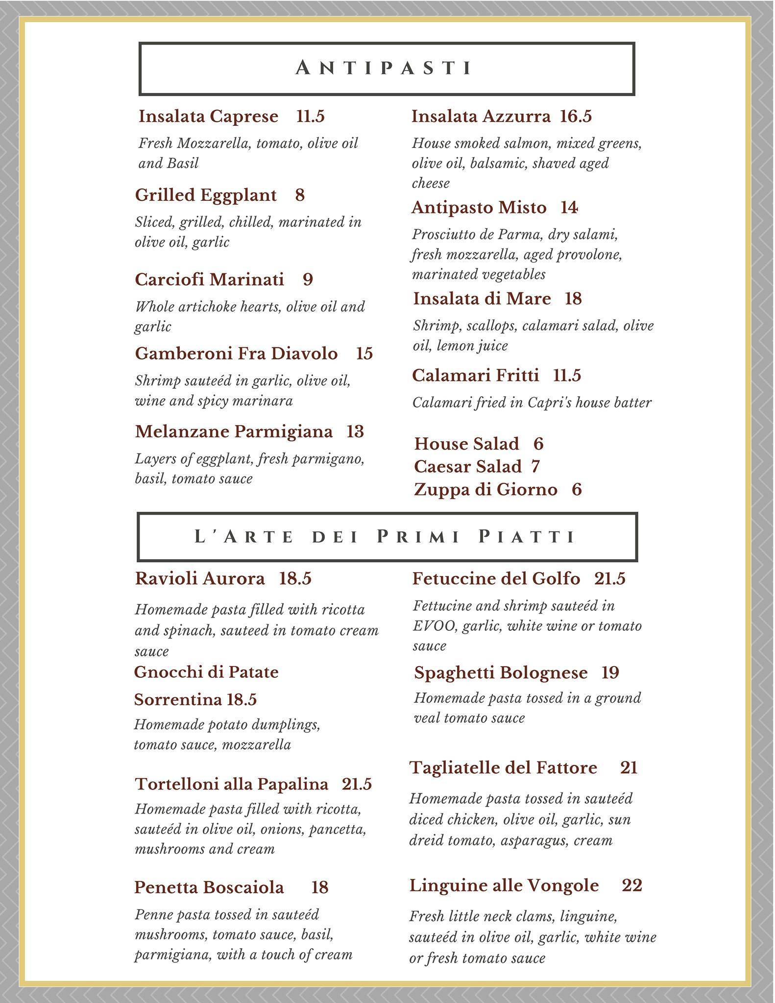 Menu at Capri Italian Restaurant, Indianapolis