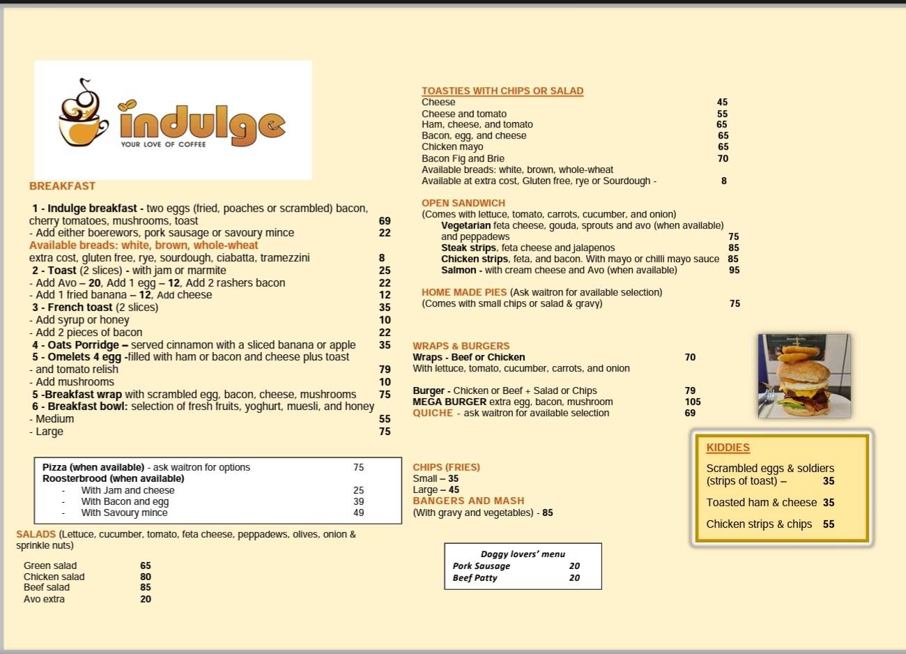 Menu at Indulge Coffee restaurant, Port Elizabeth