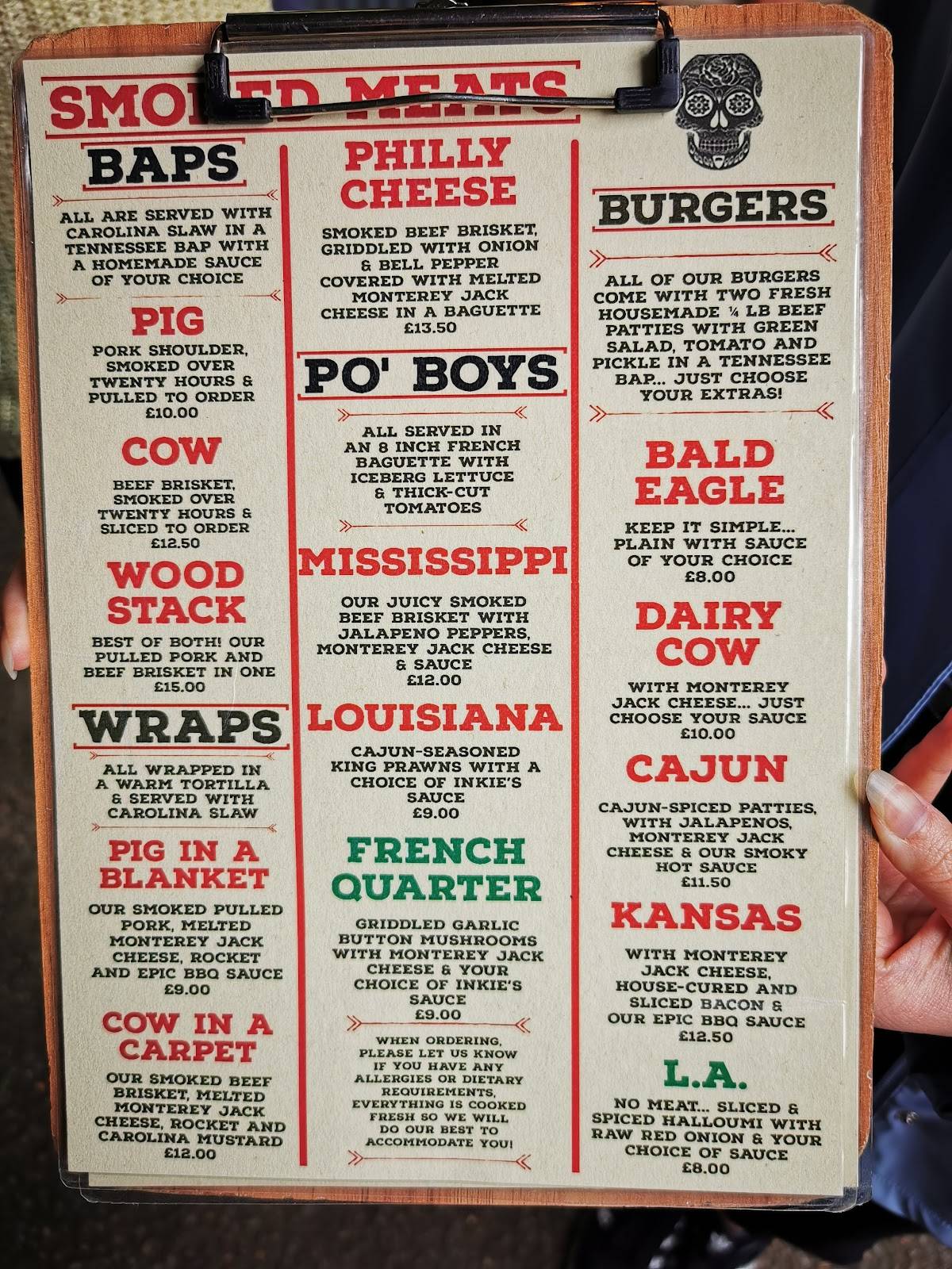Menu at Inkie's Smokehouse restaurant, Liskeard