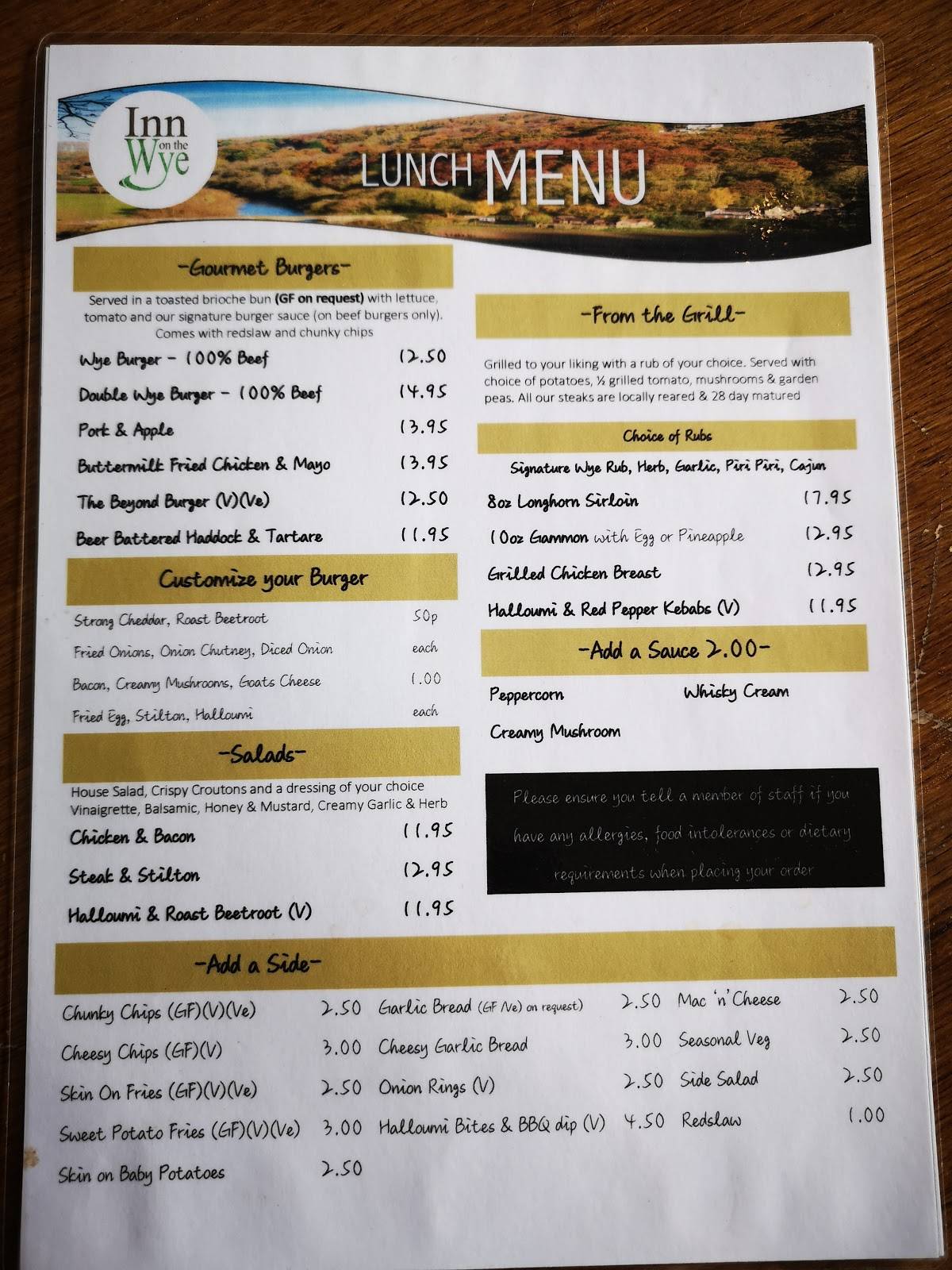 Menu at Inn on the Wye restaurant, Walford