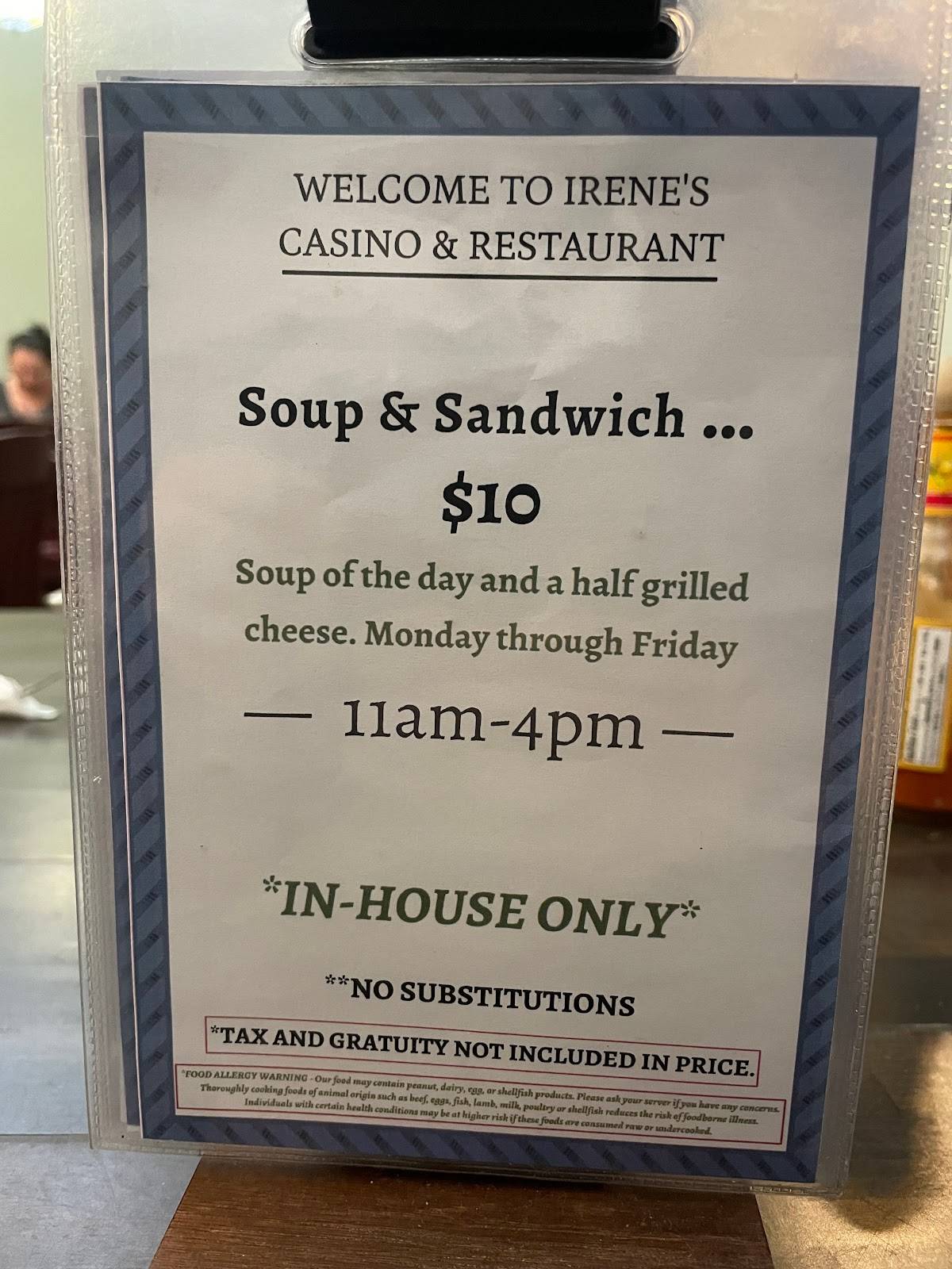 Menu at Irene's Casino restaurant, Pahrump
