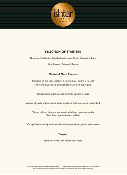 Menu at Ishtar restaurant, London, 10-12 Crawford St