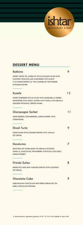 Menu at Ishtar restaurant, London, 10-12 Crawford St