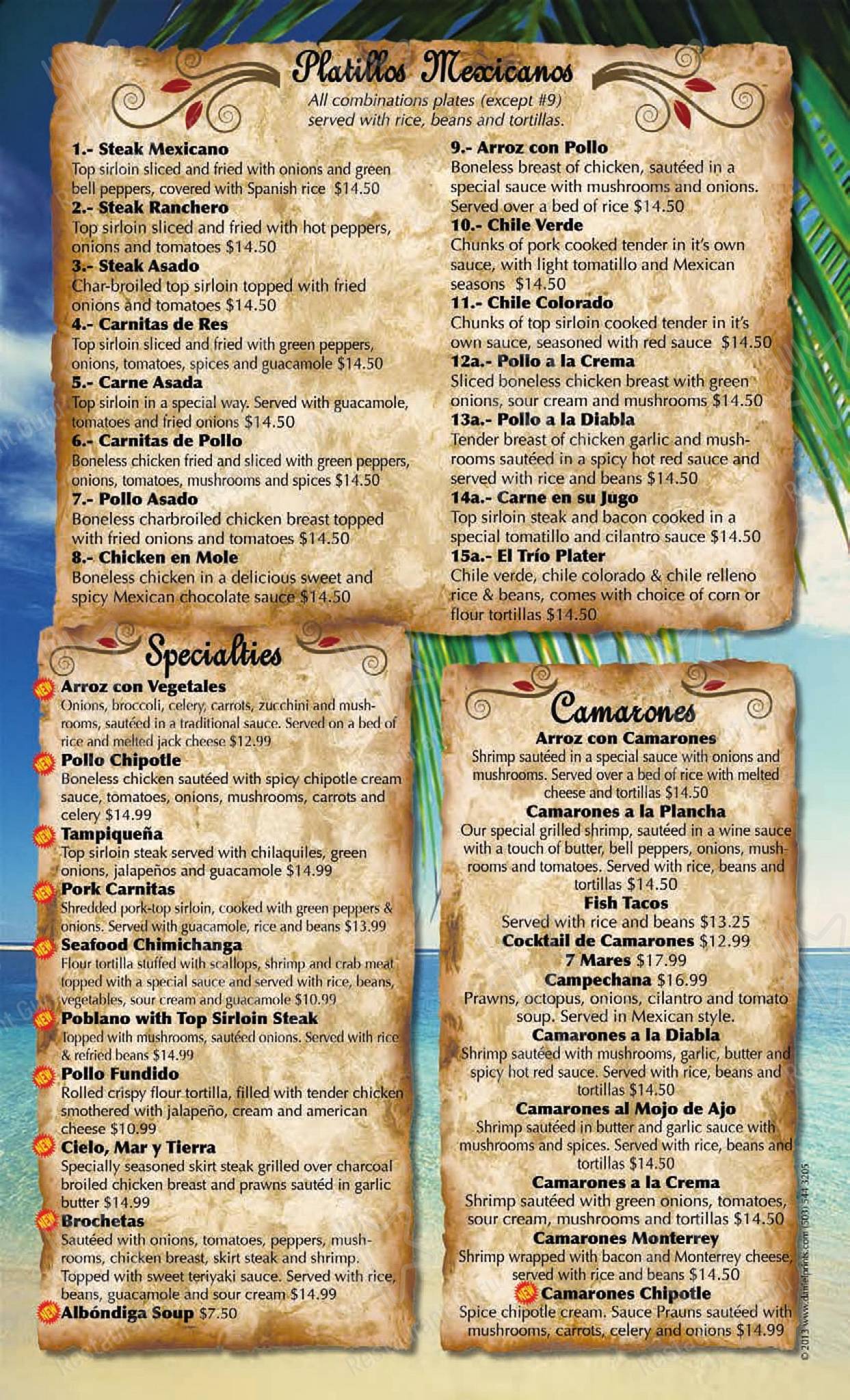 Menu at Ixtapa restaurant, Silverton