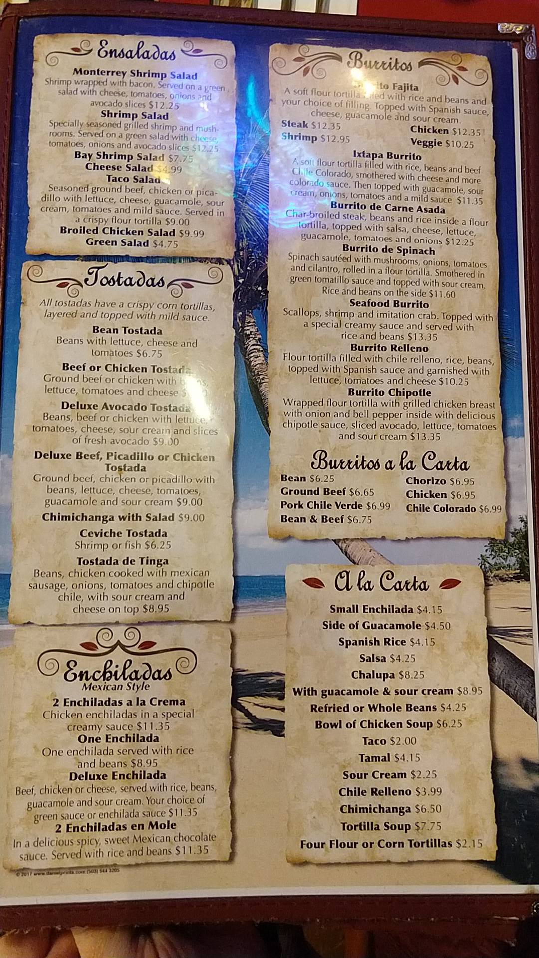 Menu at Ixtapa restaurant, Silverton