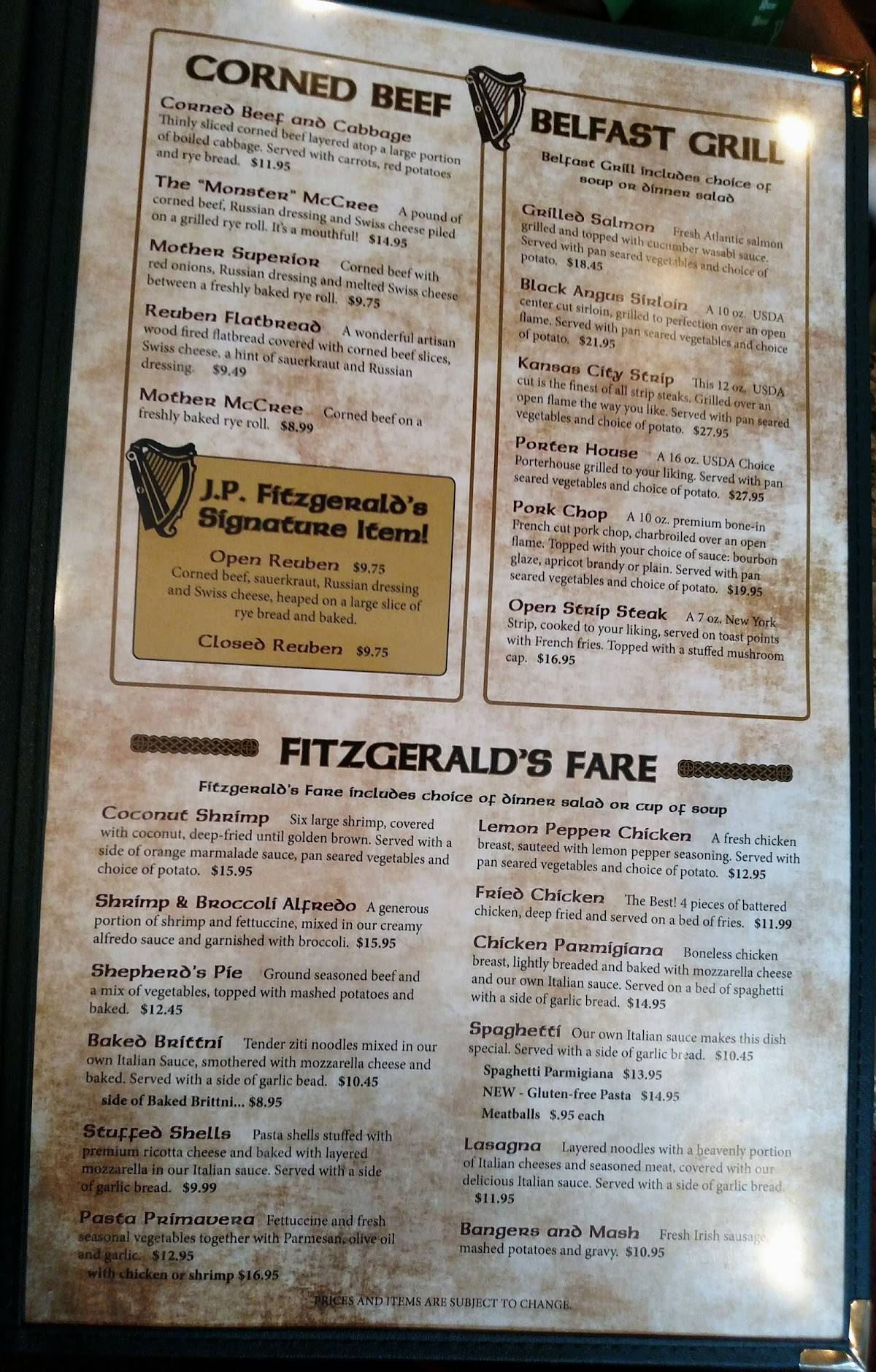 Menu at JP Fitzgeralds pub & bar, Hamburg, Clark St