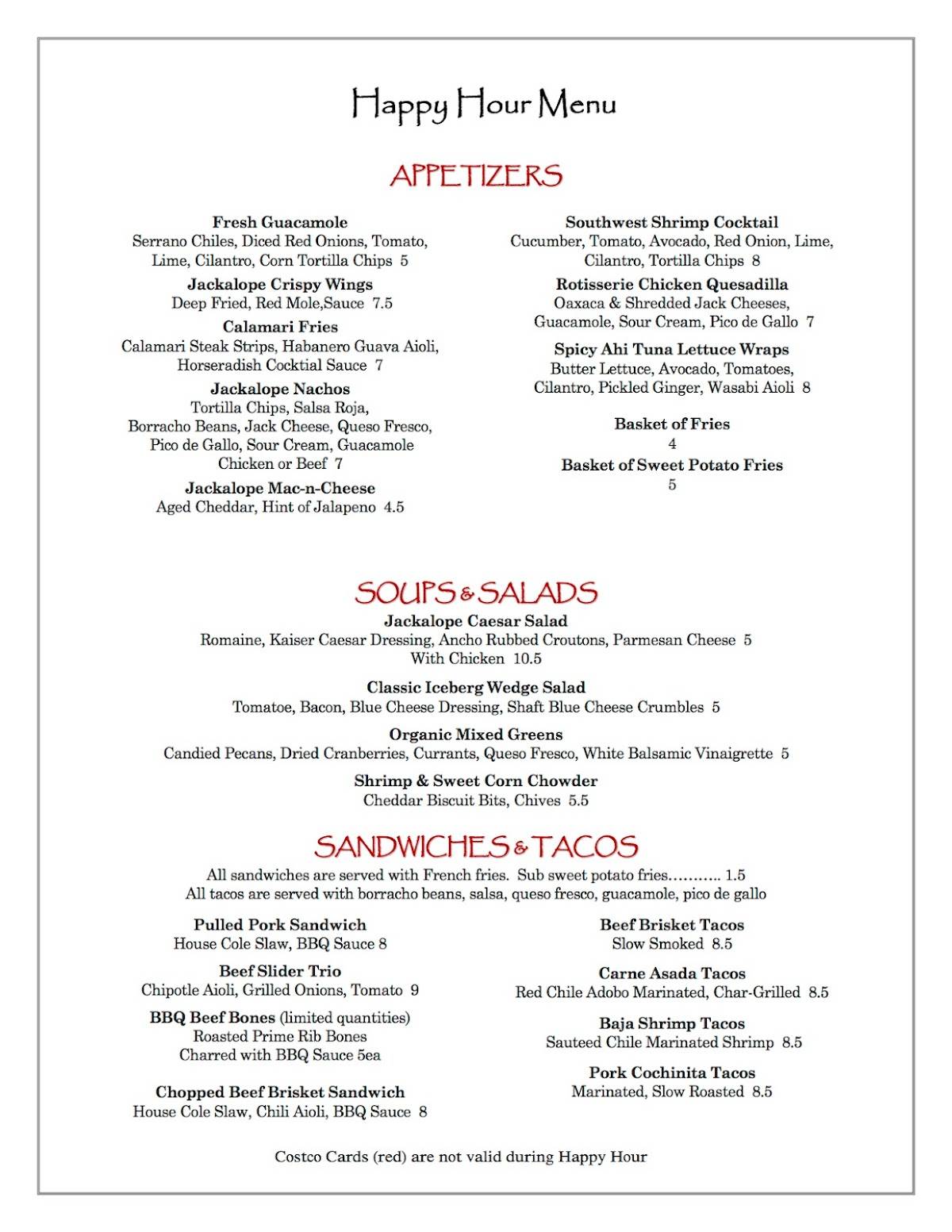 Menu at Jackalope Ranch pub & bar, Indio, CA-111