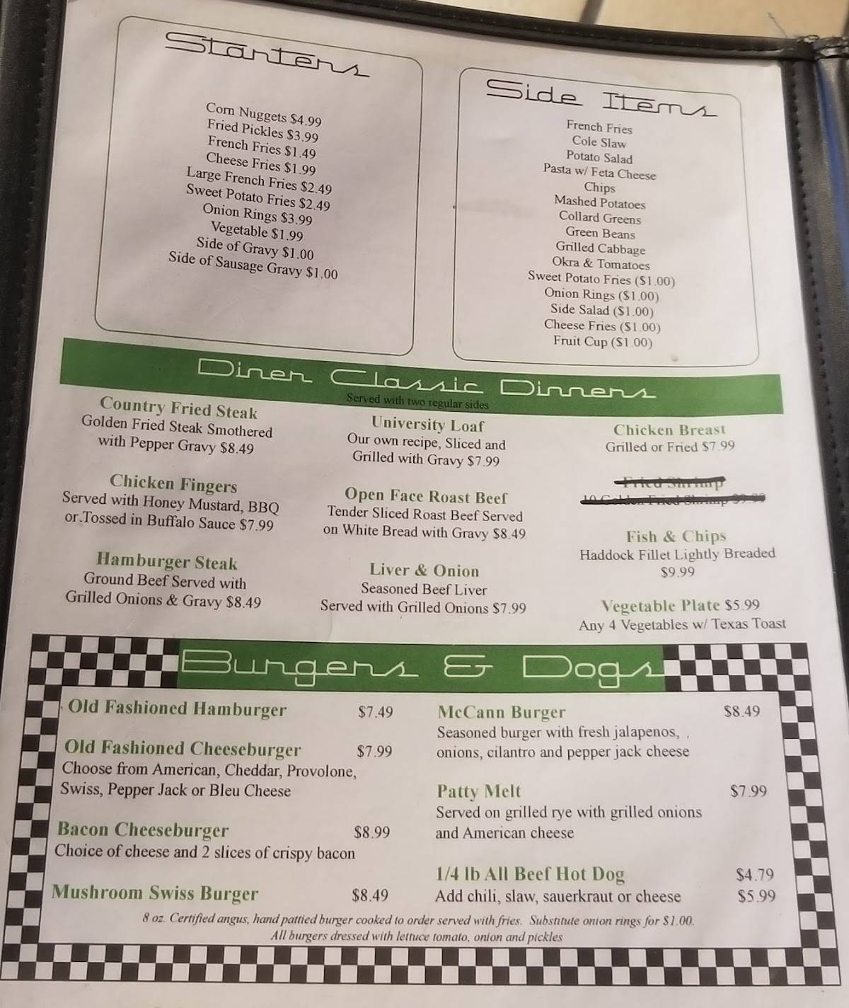 Menu at University Diner restaurant, Jacksonville, Merrill Rd