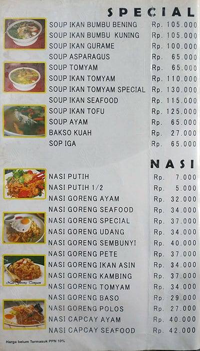 Menu at Rumah Makan Sedap Sari restaurant, Jakarta, Jl. Bugis No. 76 ...