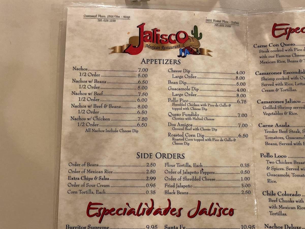 Menu at Jalisco Mexican Restaurant, Salina