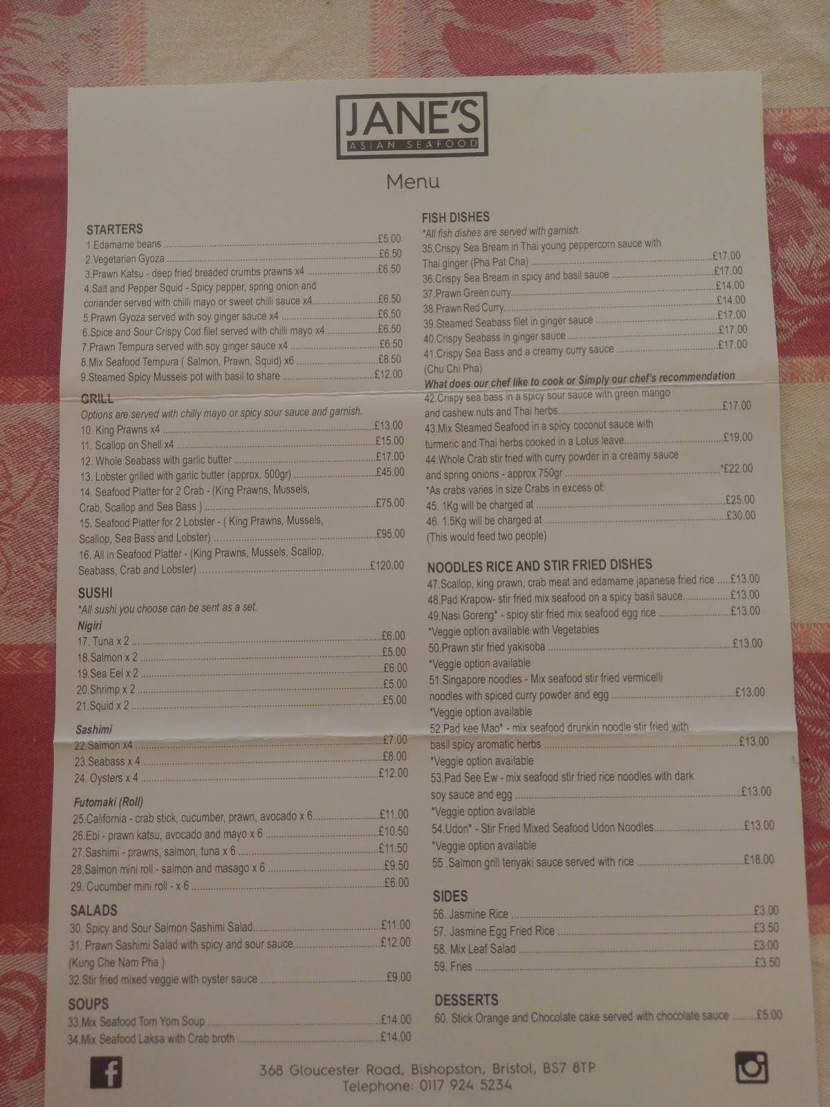 Menu at Jane’s Asian Seafood Restaurant, Bristol